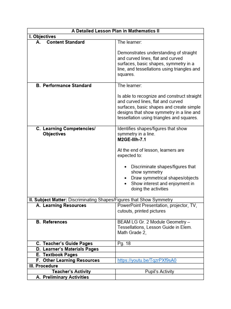 A Detailed Lesson Plan in Mathematics II | PDF | Science | Geometry