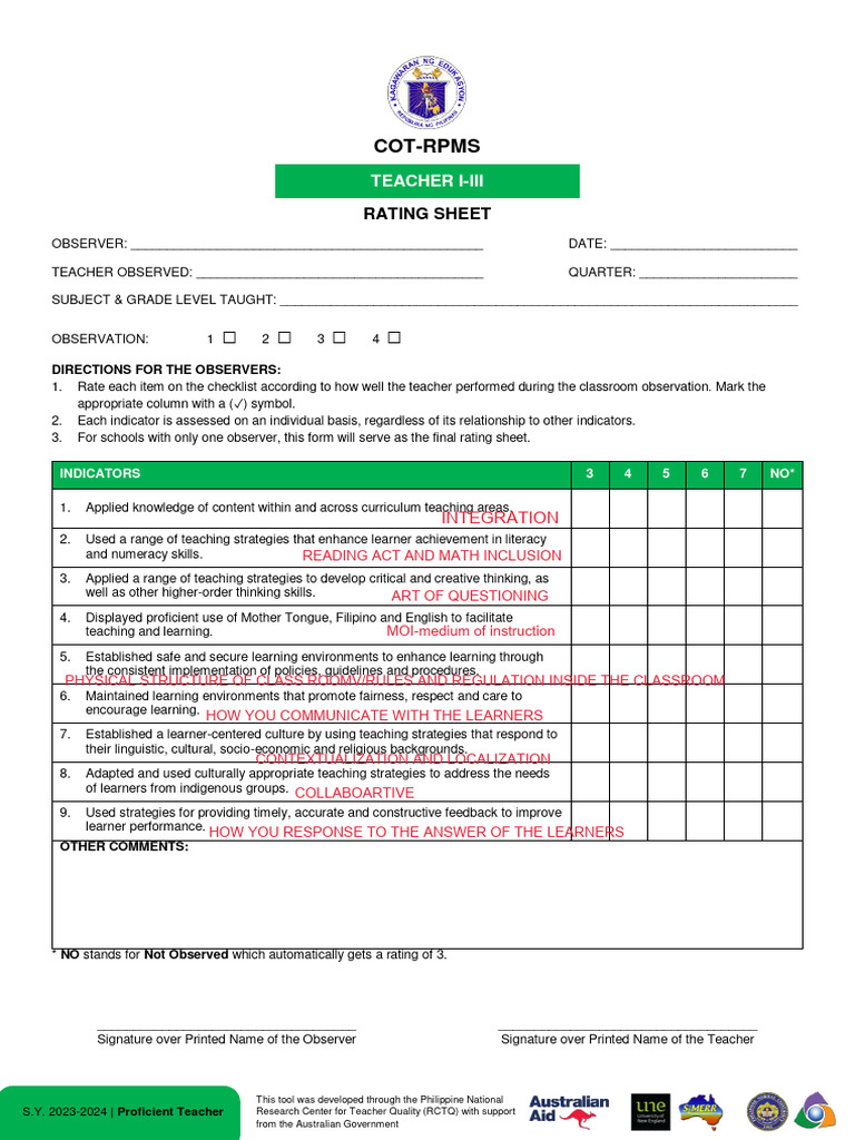 (Appendix C-03) COT-RPMS Rating Sheet For T I-III For SY 2023-2024 ...