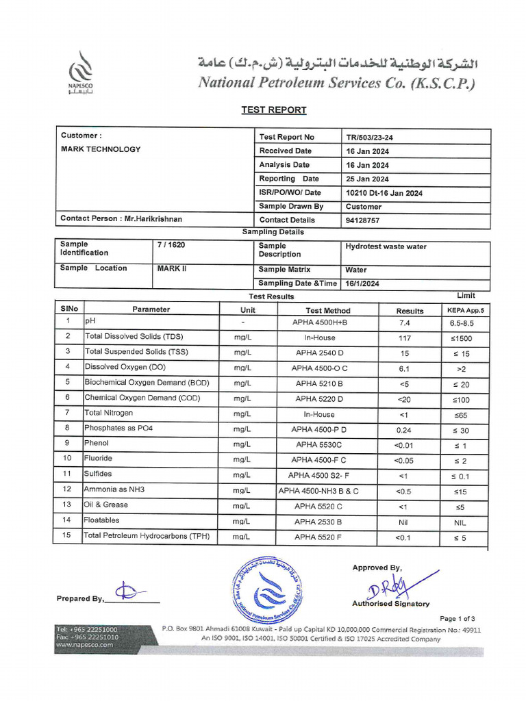 7-1620 MARK-Report-Hydrotest Water | PDF