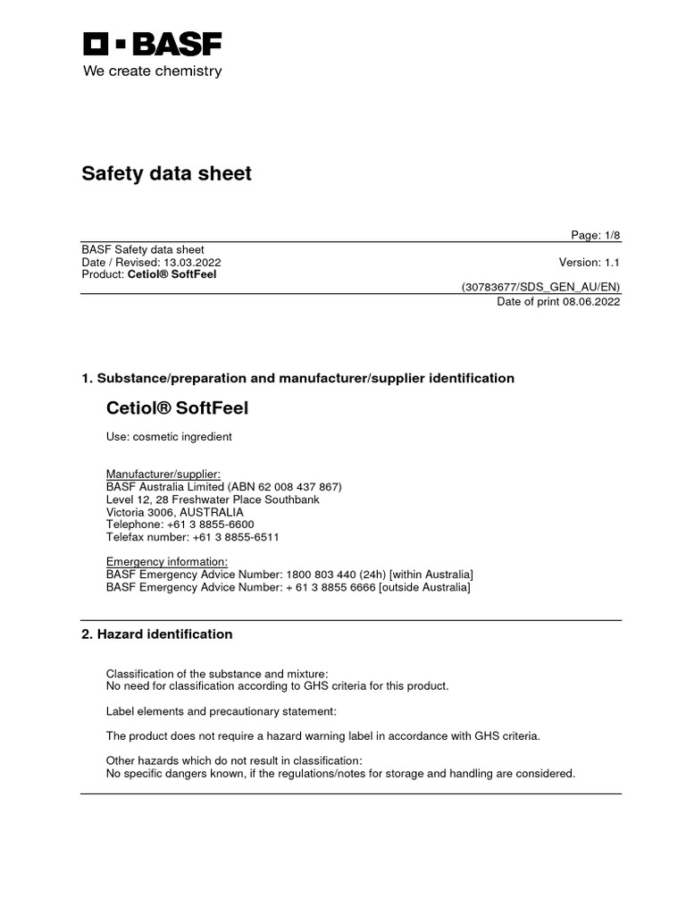 MSDS Cetiol Softfeel | PDF | Toxicity | Physical Sciences