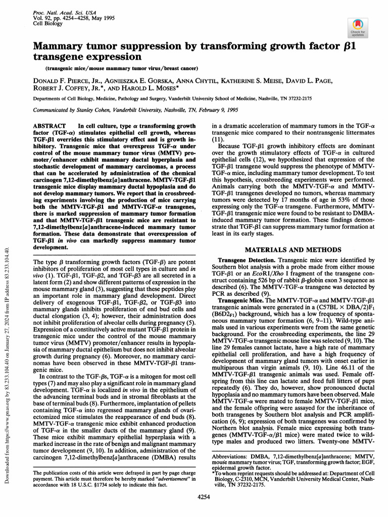 Pierce Et Al 1995 Mammary Tumor Suppression by Transforming Growth Factor Beta 1 Transgene ...