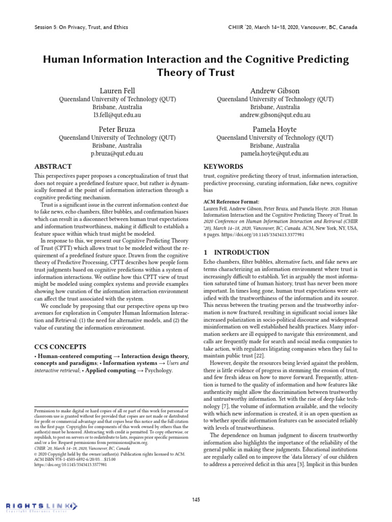 Human Information Interaction and The Cognitive Predicting Theory of Trust | Download Free PDF ...