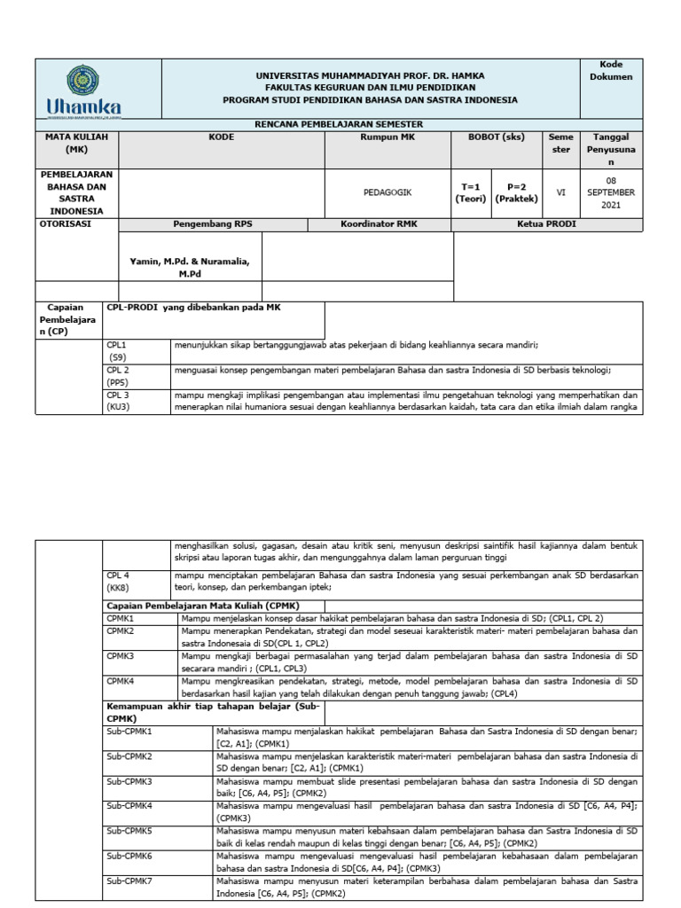 RPS Pembelajaran Bahasa Dan Sastra Indonesia Di SD | PDF