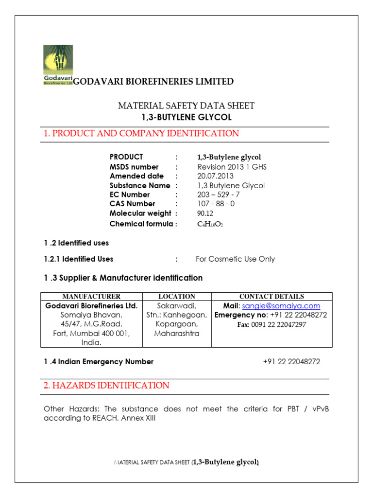 1,3-Butylene Glycol MSDS Guide | PDF | Dangerous Goods | Firefighting