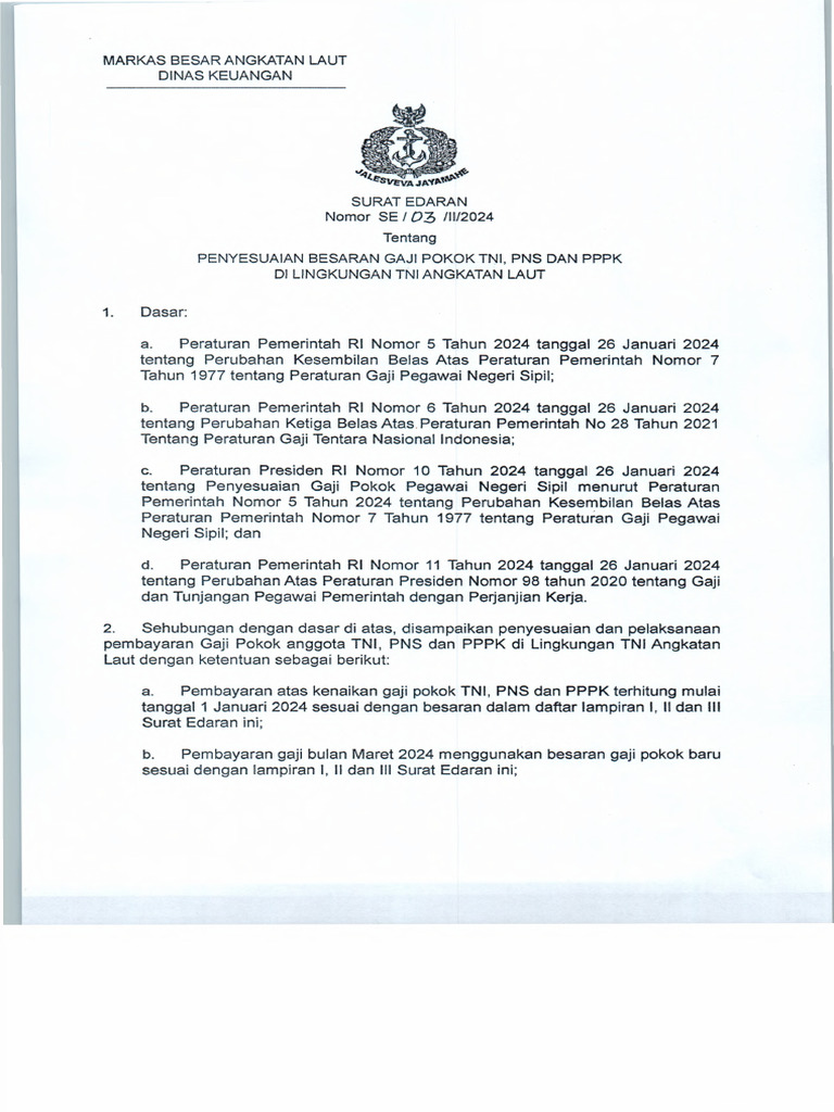 Surat Edaran Kadiskual Se-03-II-2024 Penyesuaian Gaji Pokok | PDF