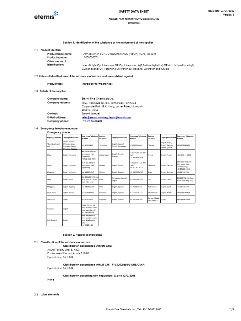 4-Tertiary Butyl Cyclohexanol-Sds | PDF | Toxicity | Chemistry
