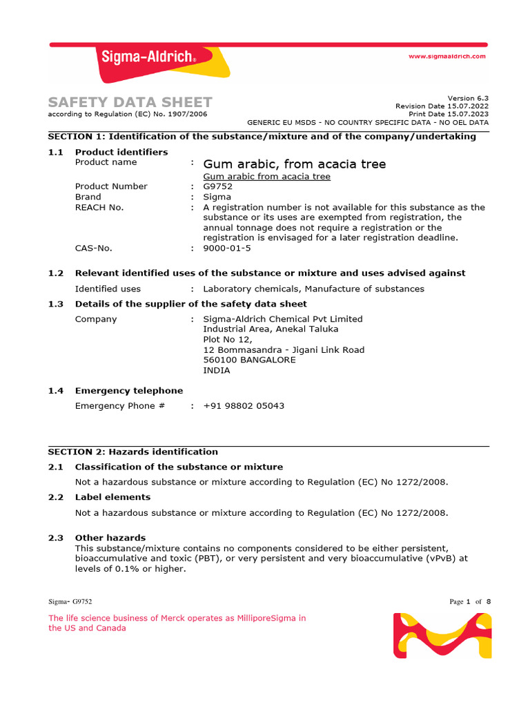 Acacia Gum-Sigma Ald. MSDS | PDF | Dangerous Goods | Toxicity