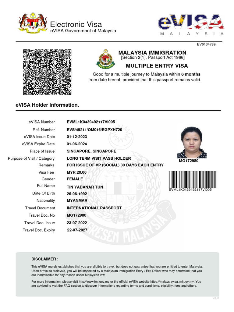 Malaysia Evisa Certificate - Tin Yadanar Tun | PDF | Travel Visa | Passport