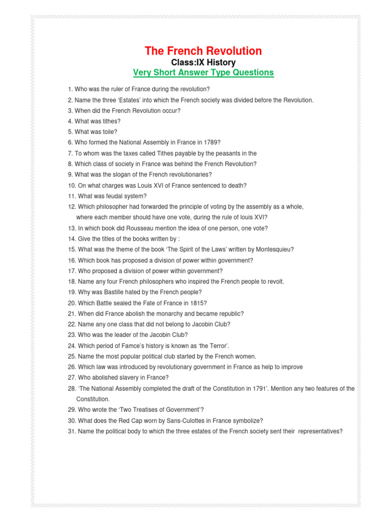 The French Revolution: Very Short Answer Type Questions | PDF