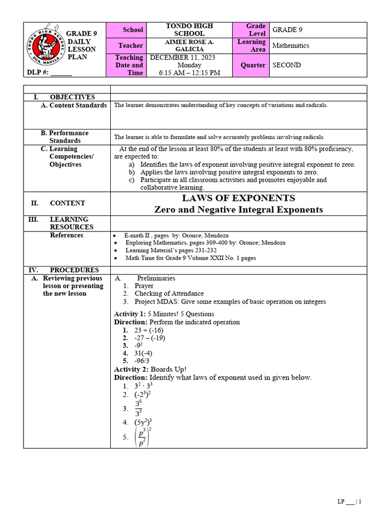 Laws of Exponents for Grade 9 | PDF | Bat | Exponentiation