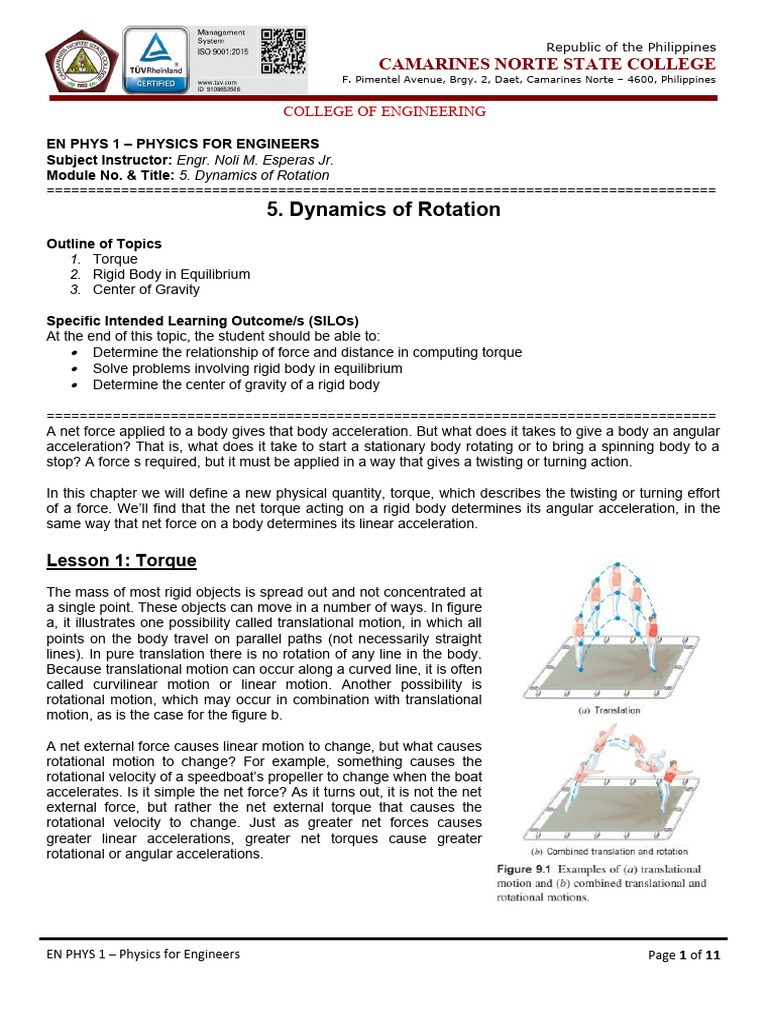Dynamics of Rotation in Engineering Physics | PDF | Torque | Force