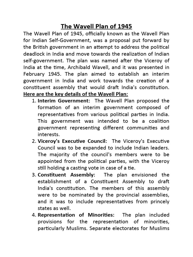 The Wavell Plan Of 1945 PDF Politics Of Pakistan Politics Of India