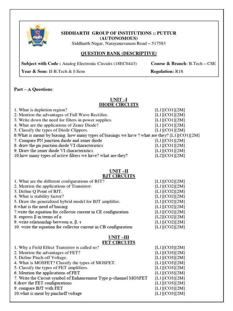 Analog Electronic Circuits Question Bank | PDF | Operational Amplifier ...