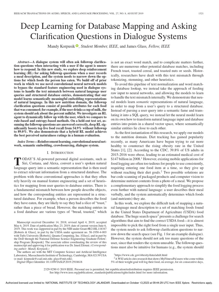 Deep Learning For Database Mapping and Asking Clarification Questions in Dialogue Systems | PDF ...