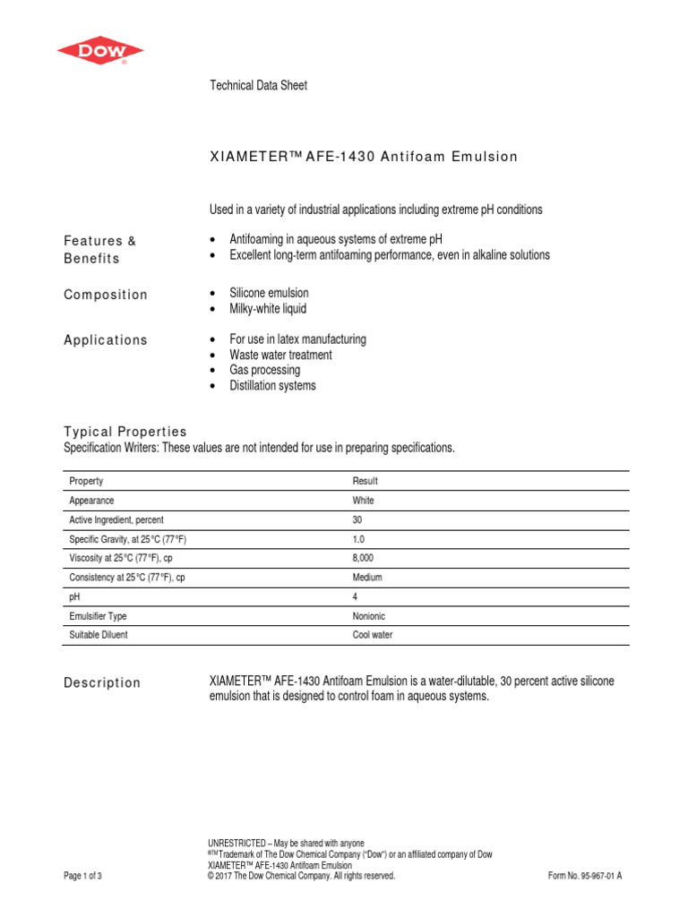 95 967 Xiameter Afe 1430 Antifoam Emuls | PDF