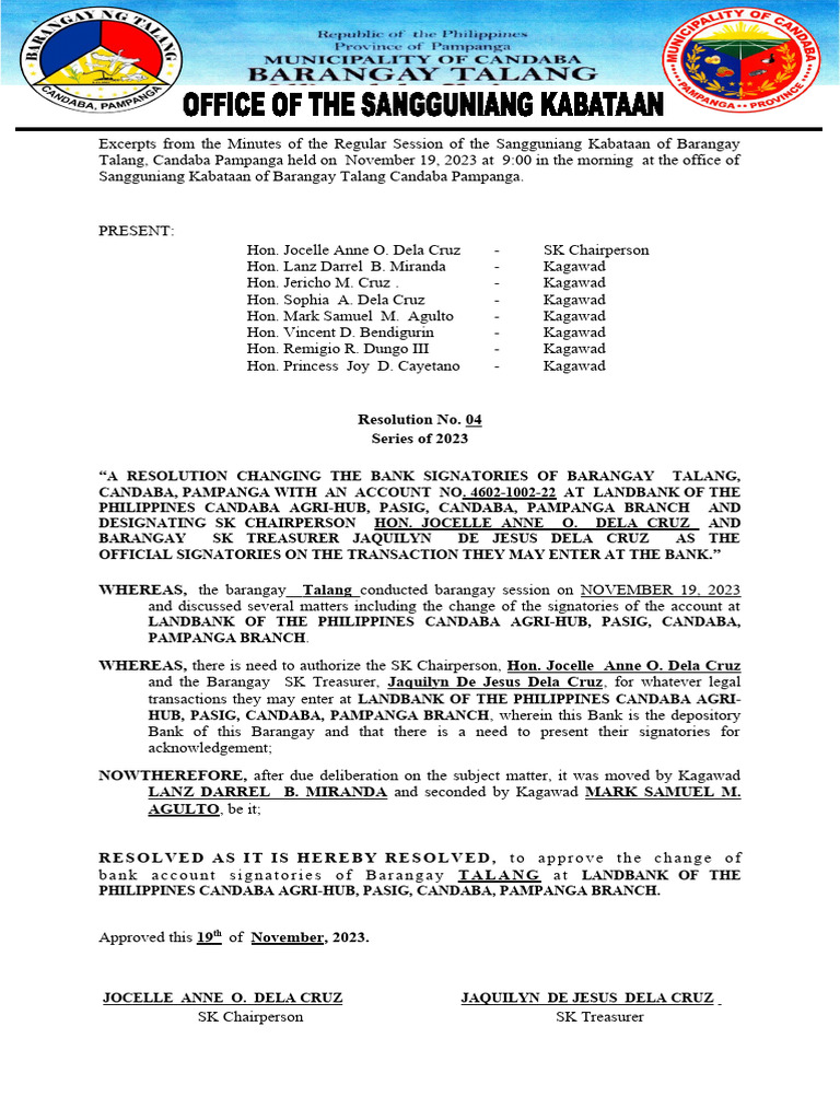 04 SK Bank Change Signatories Resolution SK Jaja 23 | PDF | Philippines | Government