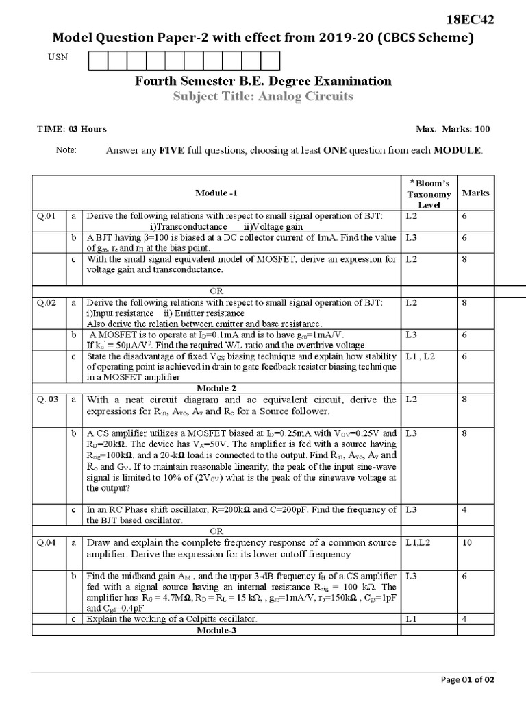 Be Ec 4 Sem Analog Circuits p2 18ec42 2020 | PDF