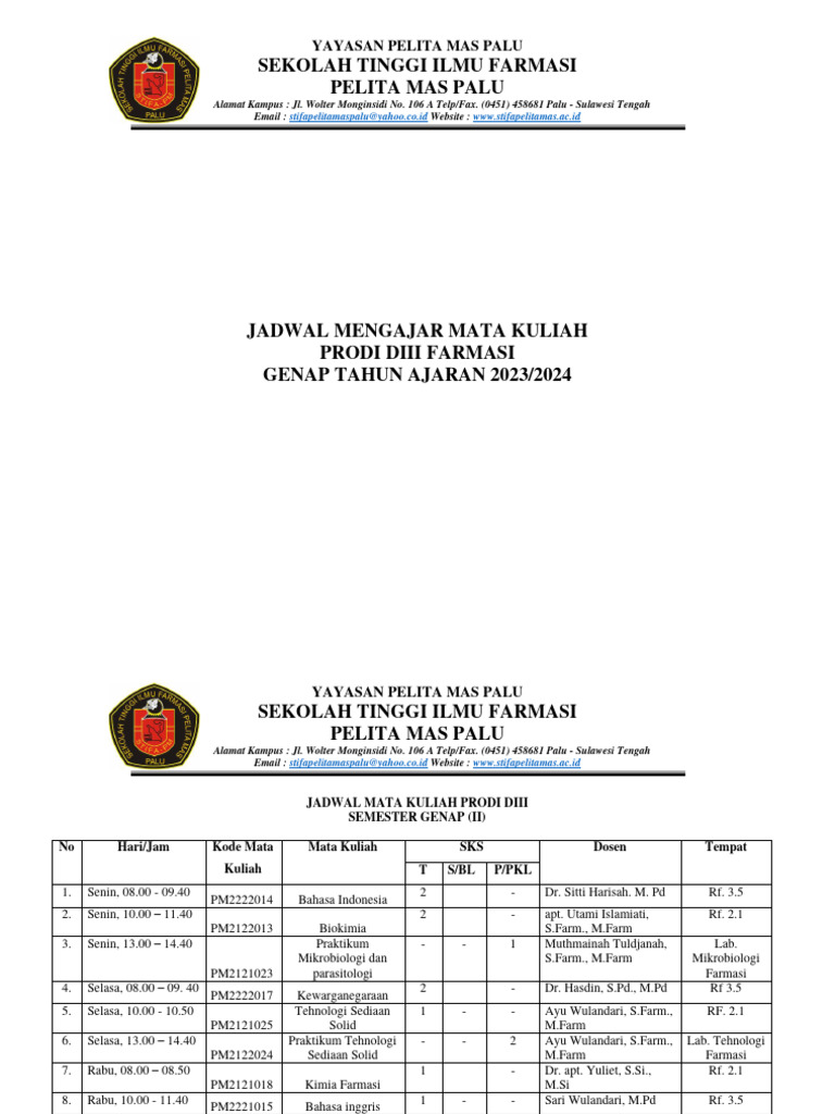 Jadwal Genap D3 2023 2024 | PDF