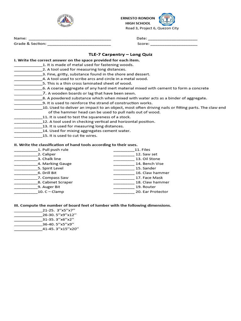 4th Quarter TLE-carpentry-7-Long Test | Download Free PDF | Hammer ...