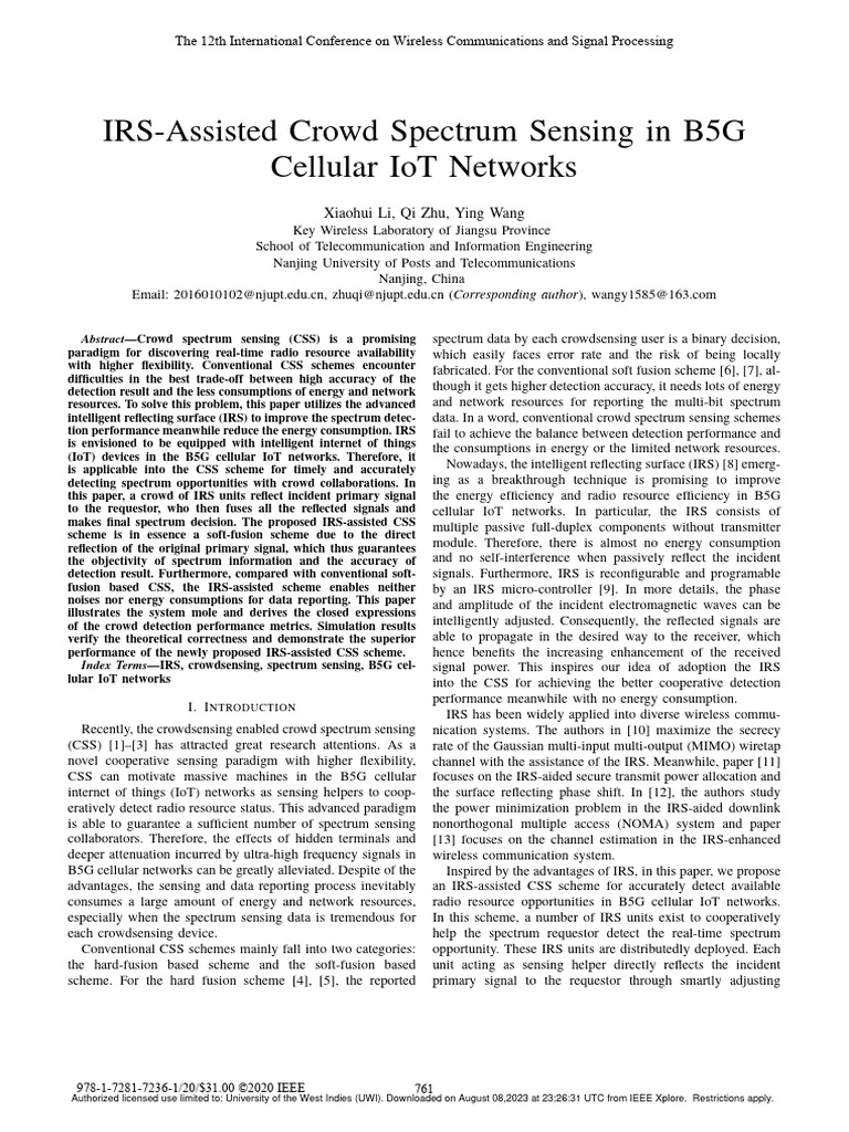 IRS-Assisted Crowd Spectrum Sensing in B5G Cellular IoT Networks | PDF ...