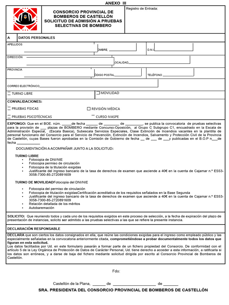 Solicitud Pruebas Bombero Castellón | PDF | Esfera pública | Gobierno