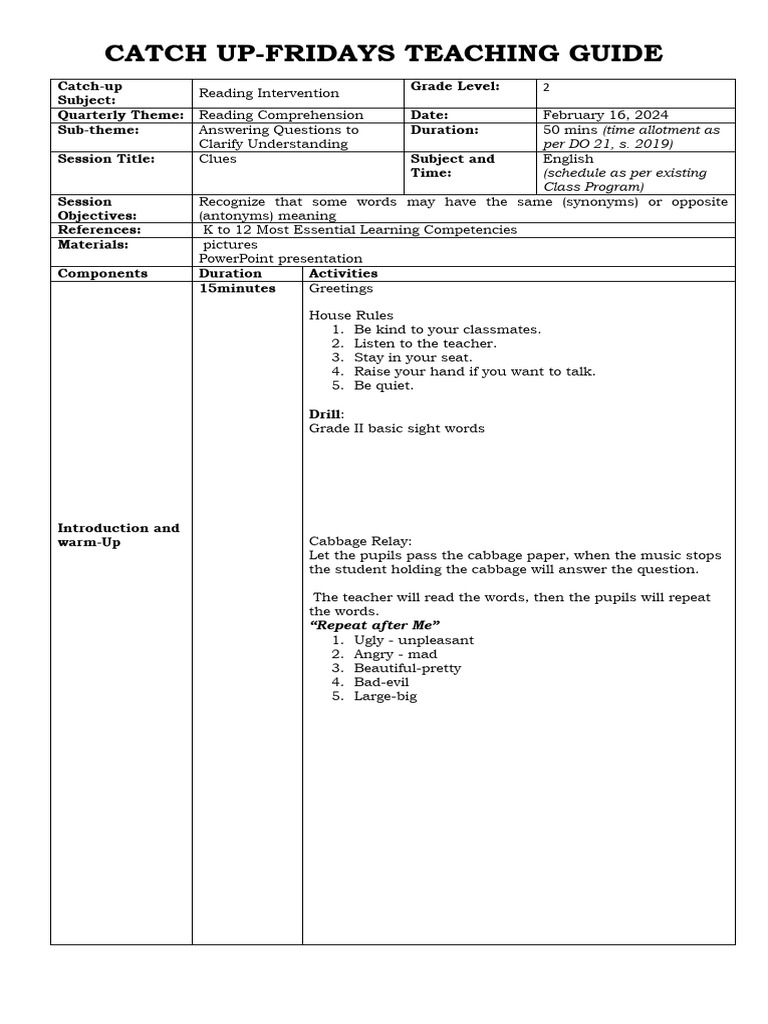 Feb 16 Grade2 Eng Reading - Catch Up Friday | Download Free PDF ...