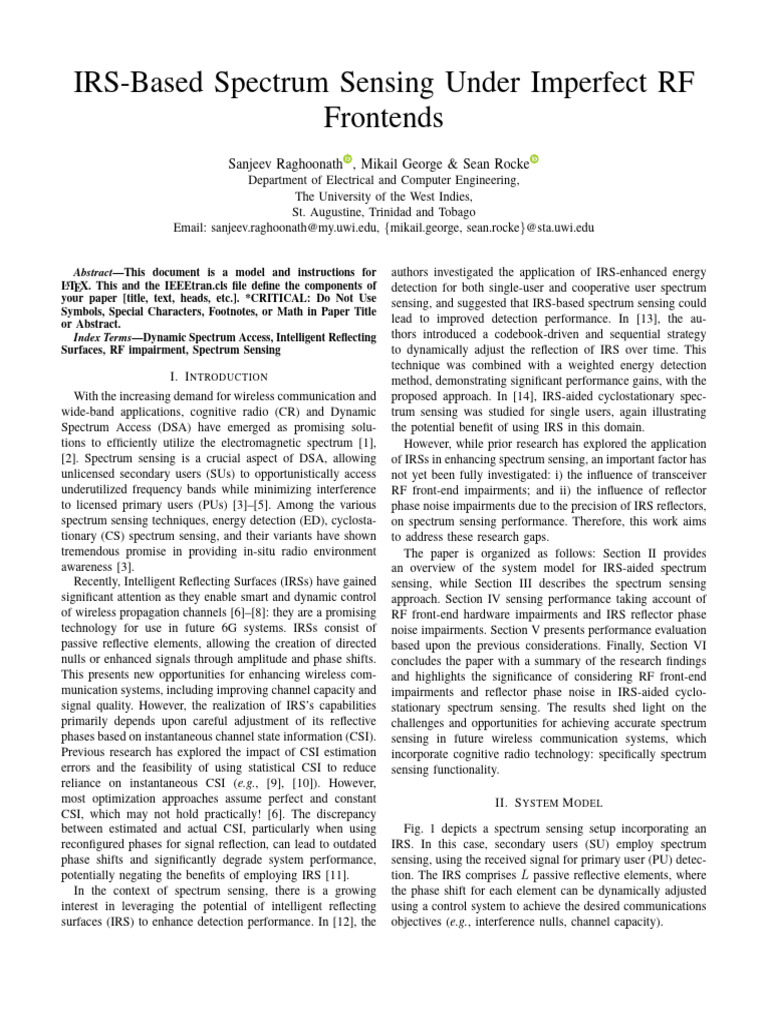 IRS Based Spectrum Sensing Under Imperfect RF Frontends | PDF | Cognitive Radio | Autocorrelation