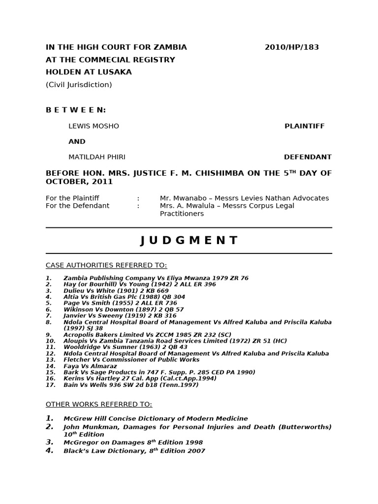 Mosho V Phiri (HP 183 of 2010) 2011 ZMHC 51 (4 October 2011) | PDF ...