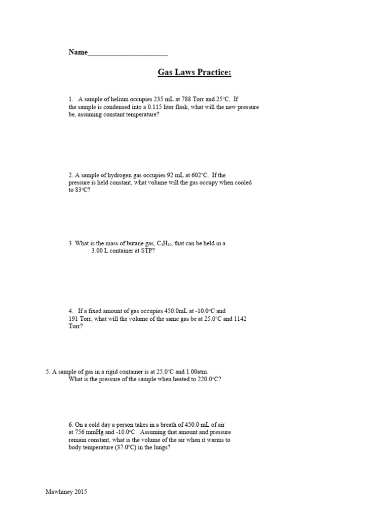 HW Packet Gas Laws | PDF | Gases | Density