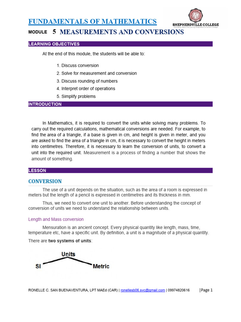 Funmath Module 5 - Measurements and Conversions | PDF | Measurement | Weight