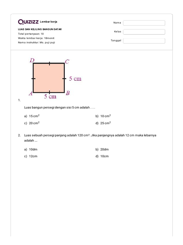 Quizizz - LUAS DAN KELILING BANGUN DATAR | PDF