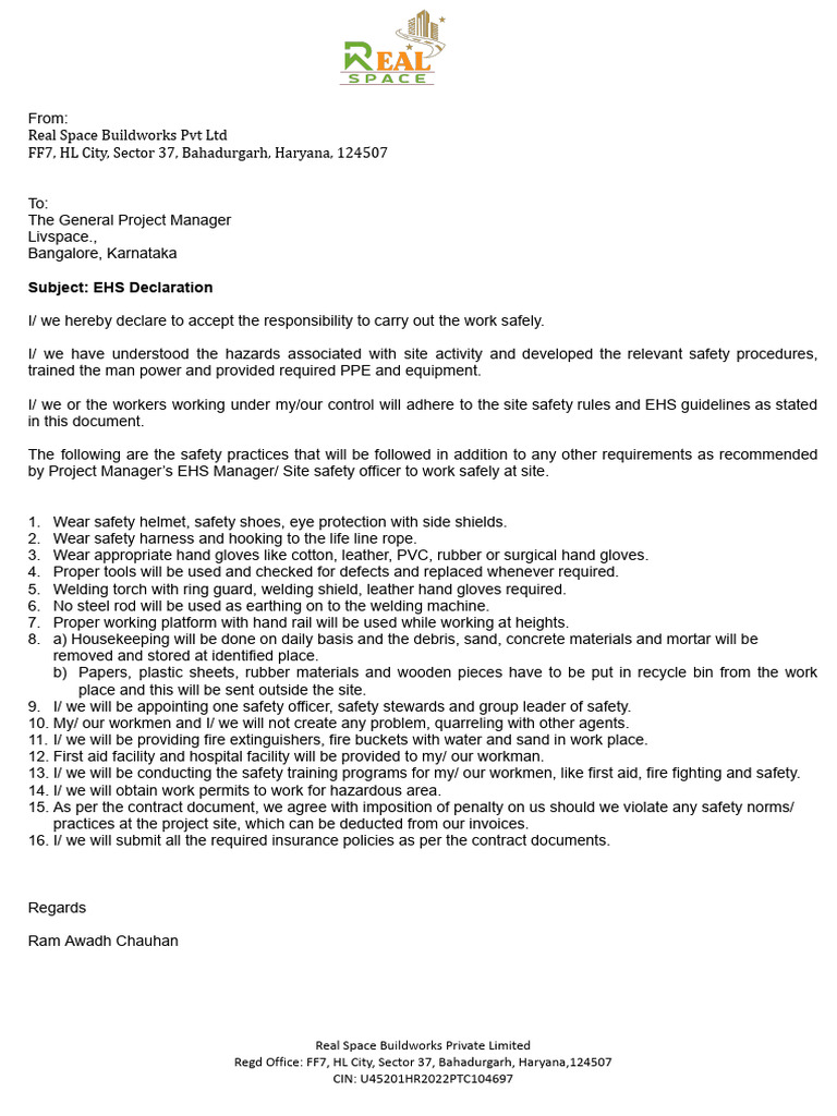 Subject: EHS Declaration | PDF | Personal Protective Equipment | Safety