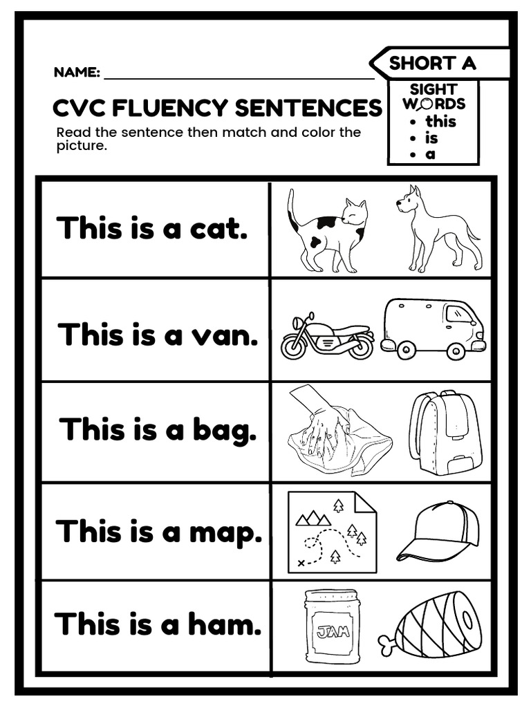 CVC Fluency Sentences Read and Color Short A Words Worksheet | PDF | Poetry