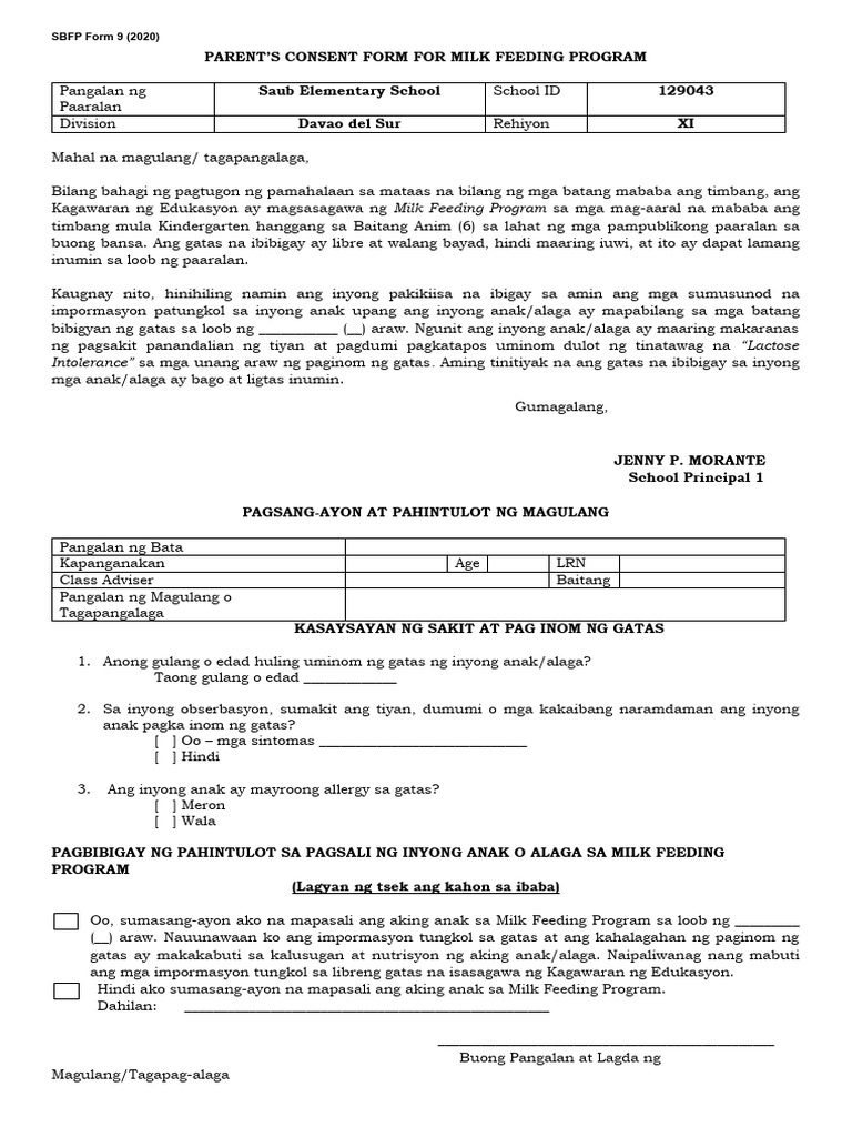 SBFP Form 9 Parents Consent Form For Milk Feeding Program | PDF