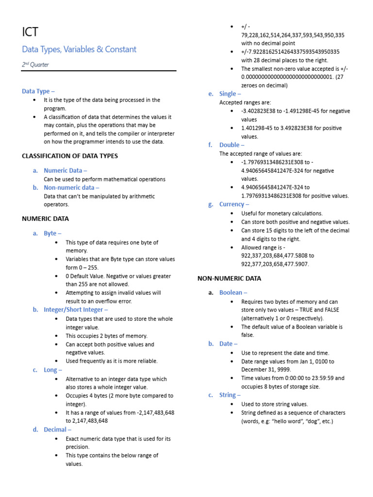 31 Notes Data Types Variables And Constants Pdf String Computer Science Data Type
