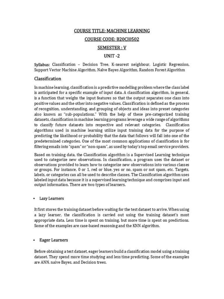 ML Unit-2 | PDF | Statistical Classification | Machine Learning