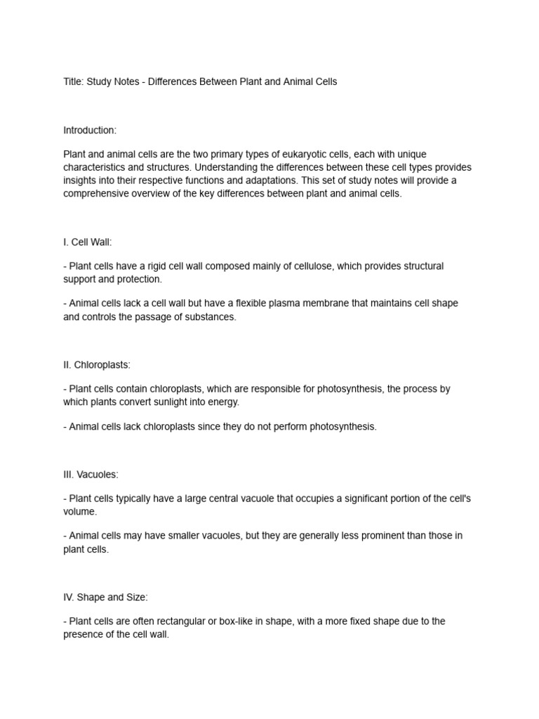 Study Notes - Differences Between Plant and Animal Cells | PDF | Cell ...