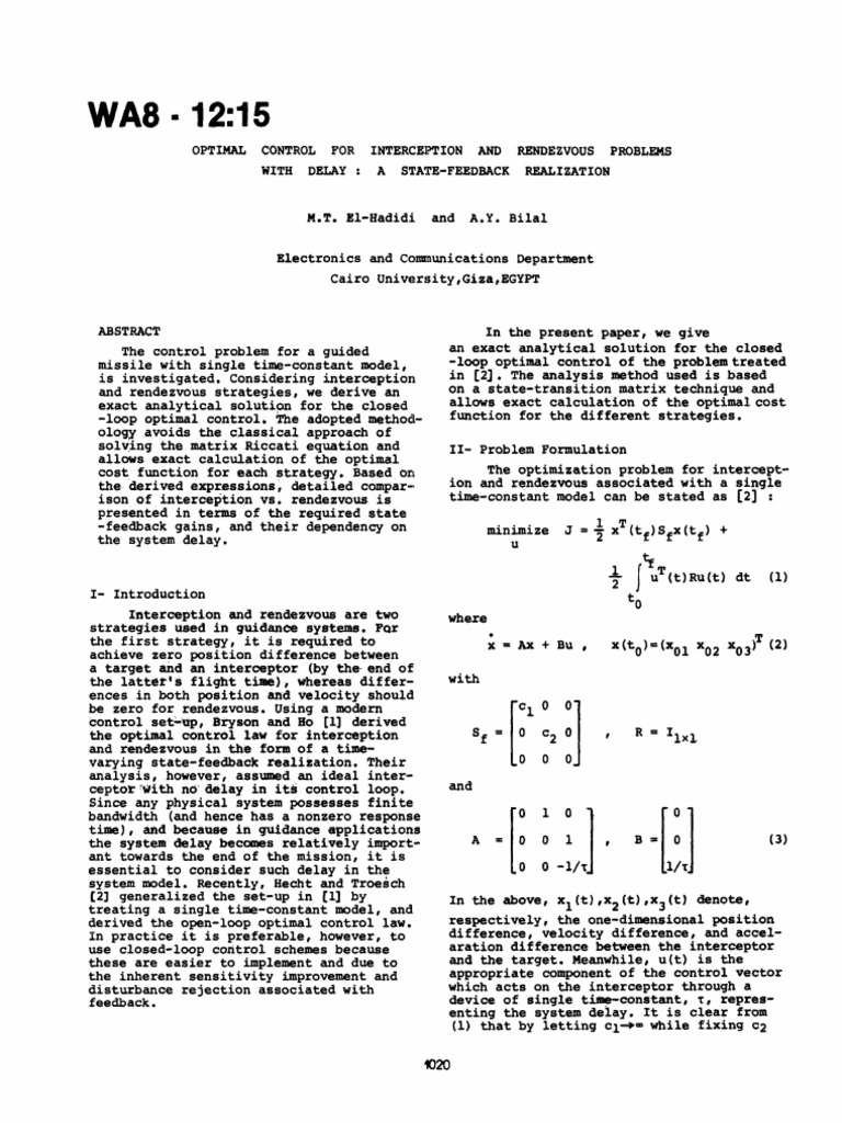 Optimal Control for Delayed Interception | PDF | Optimal Control | Equations