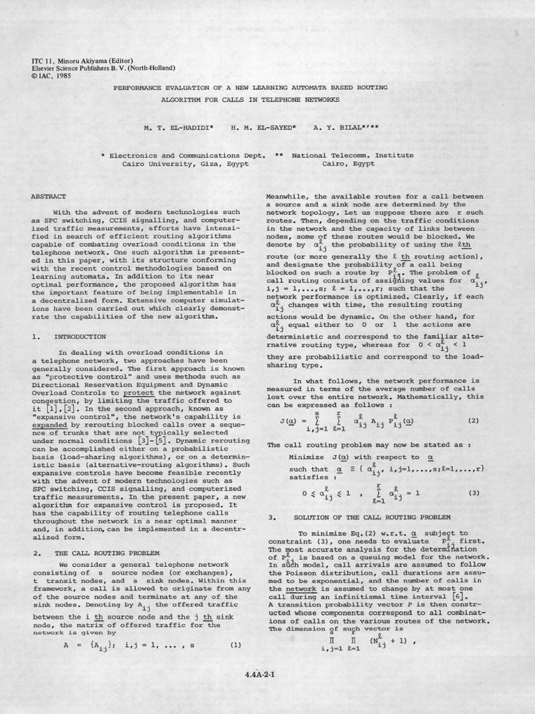 Performance Evaluation Of A New Learning Automata Based Routing Algorithm For Calls In Telephone