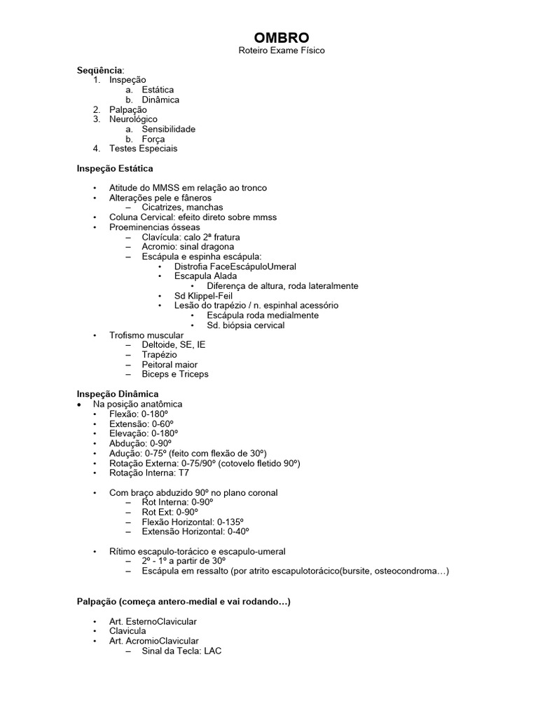 Exame Físico Ombro | Download grátis PDF | Membros (anatomia) | Anatomia humana