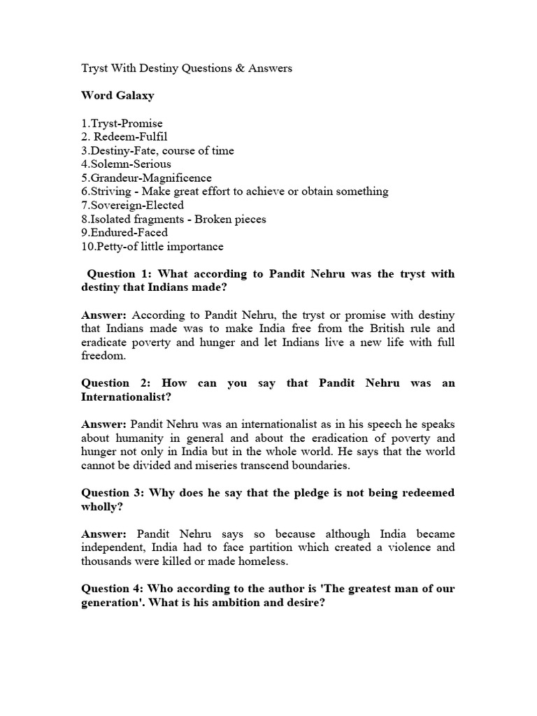 Tryst With Destiny Questions | PDF | Career & Growth