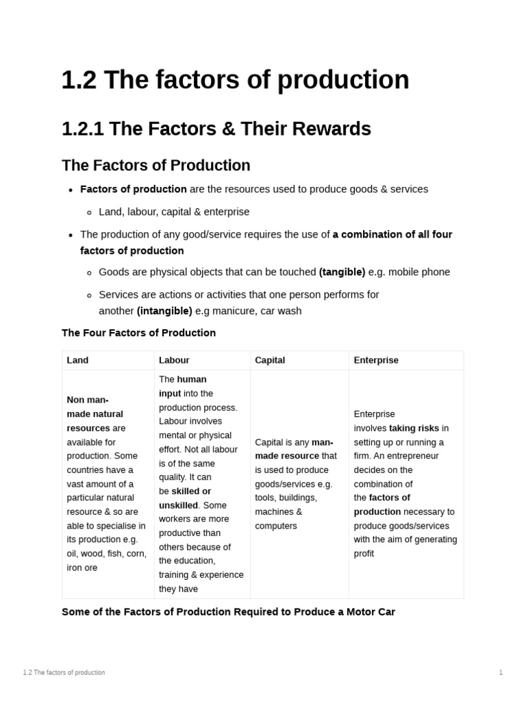 IGCSE Economics 1.2 The Factors of Production | PDF | Labour Economics ...