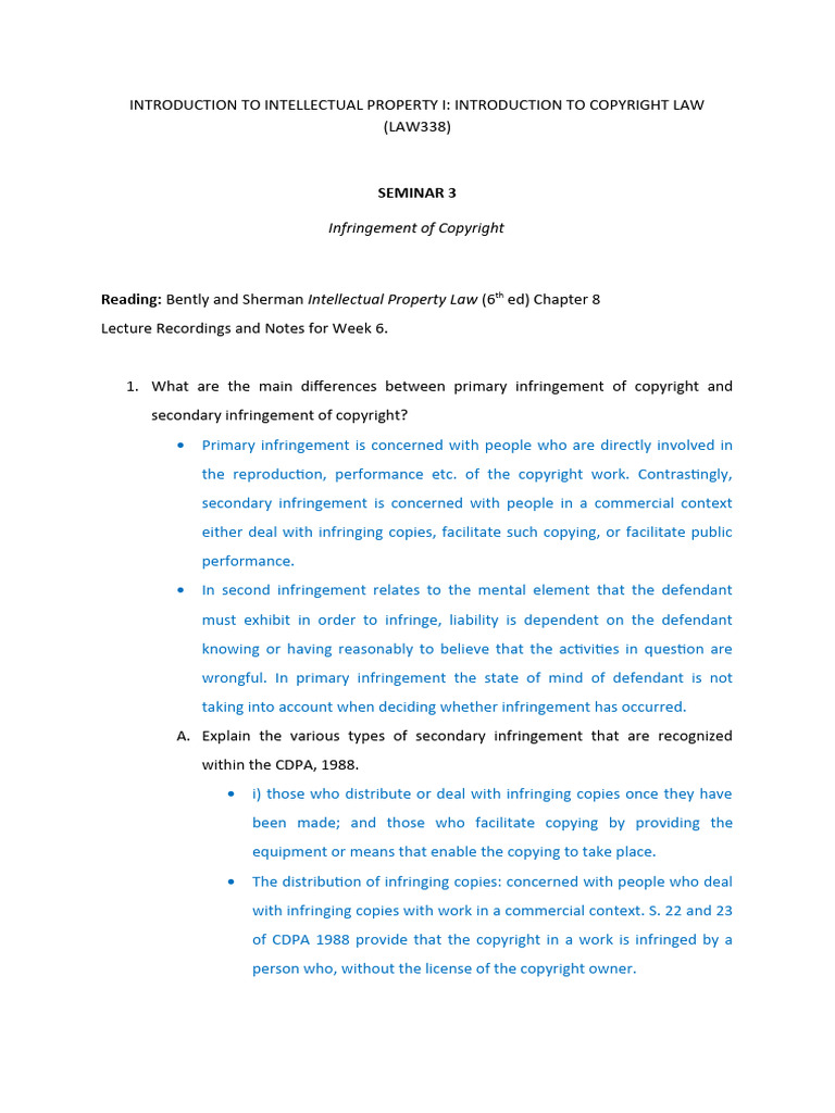 Law33 Seminar 3 Infringement of Copyright | PDF | Copyright Infringement | Secondary Liability