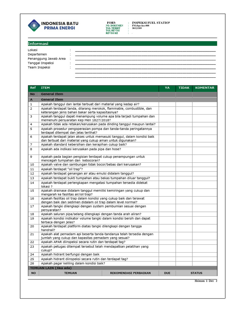 FM-IBPE-HSE-008 - Form Inspeksi Fuel Station | PDF