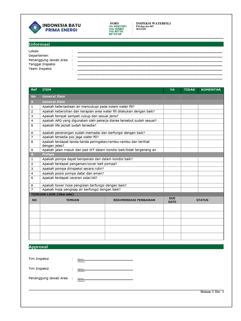 FM-IBPE-HSE-007 - Form Inspeksi Waterfill | PDF