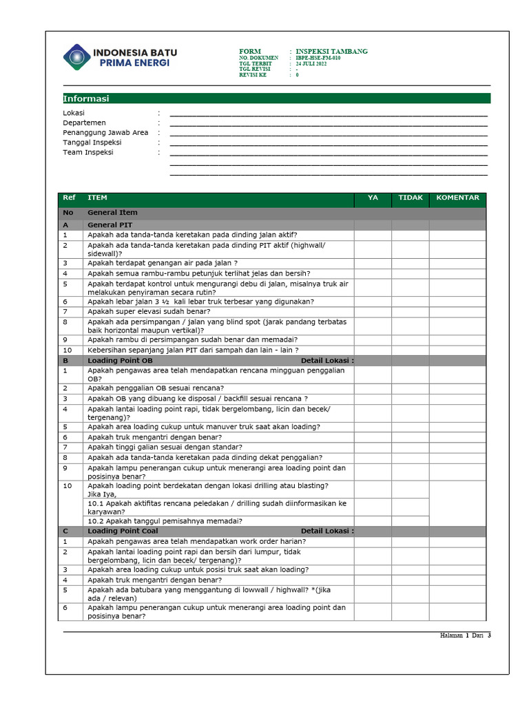 Formulir Inspeksi Tambang PFES 010 | PDF