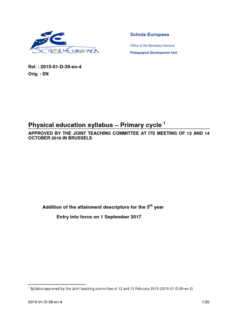 Physical Education Syllabus - Primary Cycle: Ref.: Orig.: EN | PDF ...