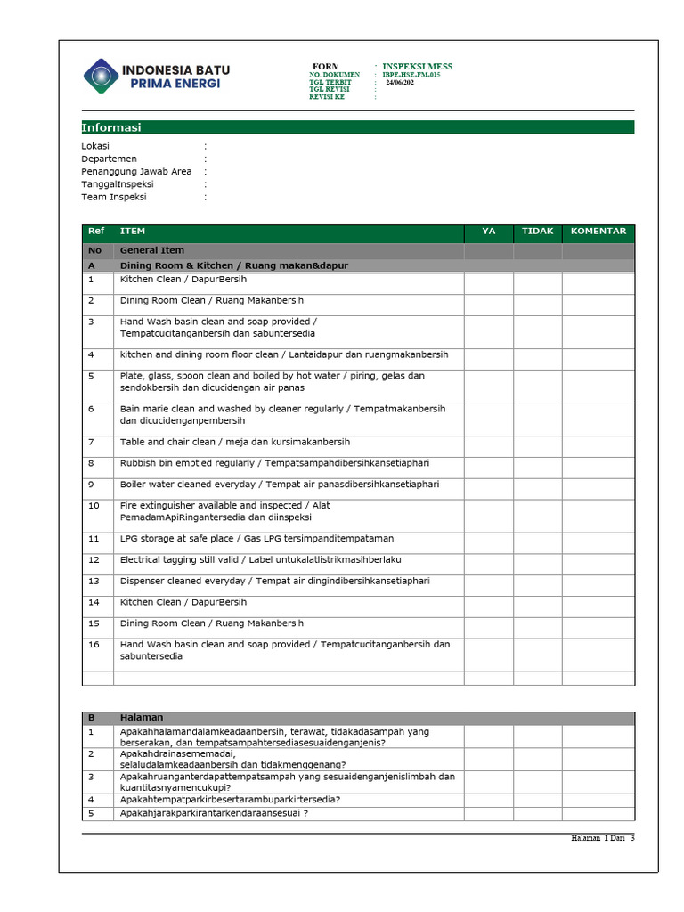 FM-IBPE-HSE-015 - Form Inspeksi Mess | PDF