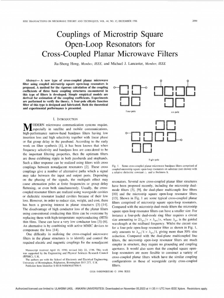 Couplings of Microstrip Square Open-Loop Resonators For Cross-Coupled ...