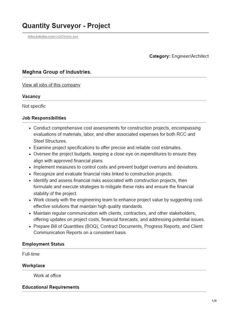 Quantity Surveyor - Project | PDF | Employment | Engineering
